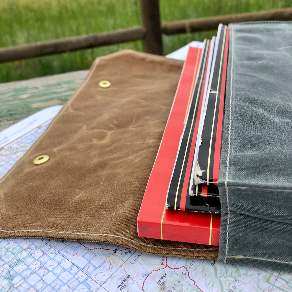 Overlanding Map Bag, Charcoal Gray and Caramel Waxed Canvas – Road Dirt ...