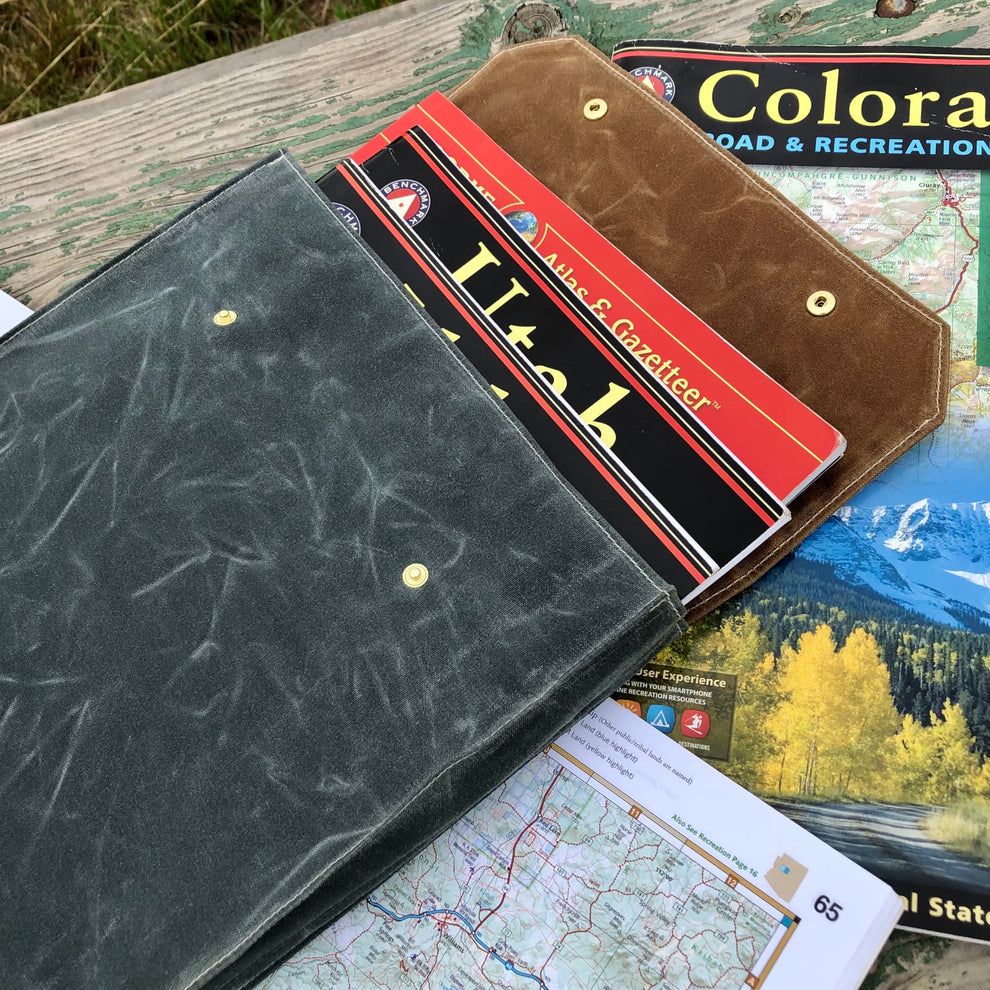 Overlanding Map Bag, Charcoal Gray and Caramel Waxed Canvas – Road Dirt ...
